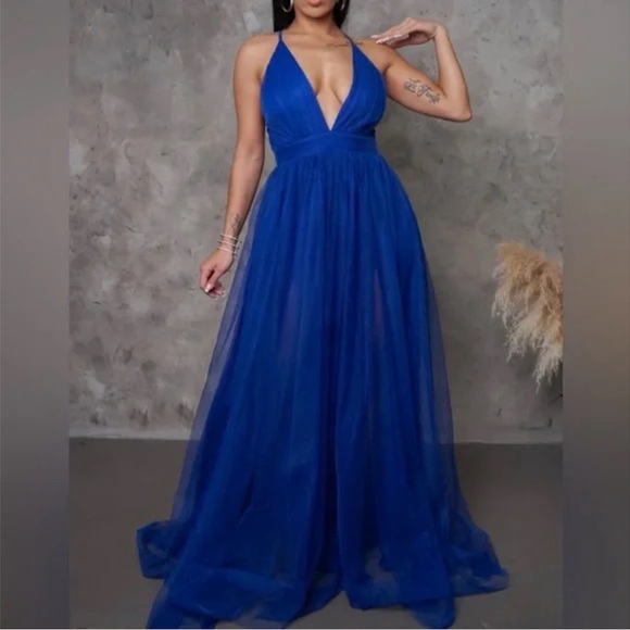 Luxxel | Dresses | Royal Blue Tulle Deep V Open Back High Slit Dress ...